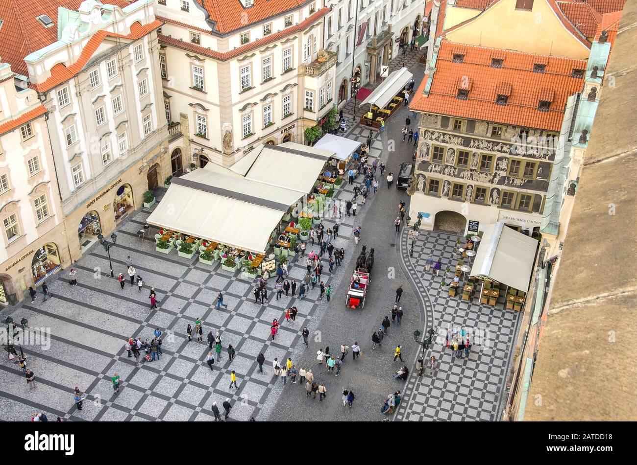 Prague Old town square, Aerial view of Staromestska square with clock ...
