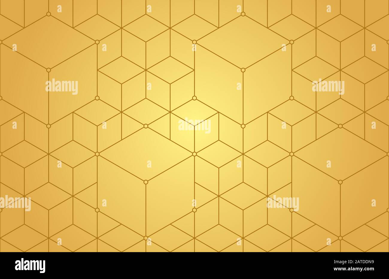 Cubes, hexagons, rhombs and nodes seamless pattern in golden tones. Geometric abstract repeating ...