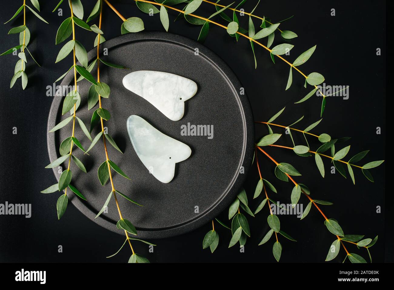 Gua sha stones on a plate with eucalyptus branches over black. Top view ...