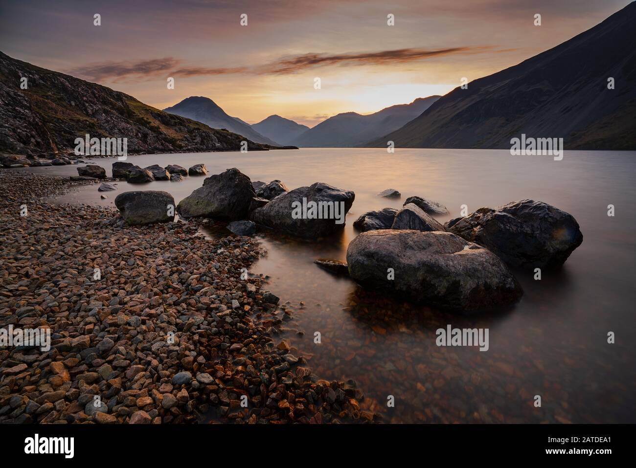 Sunrise over Wast Water a lake located in Wasdale, a valley in the ...