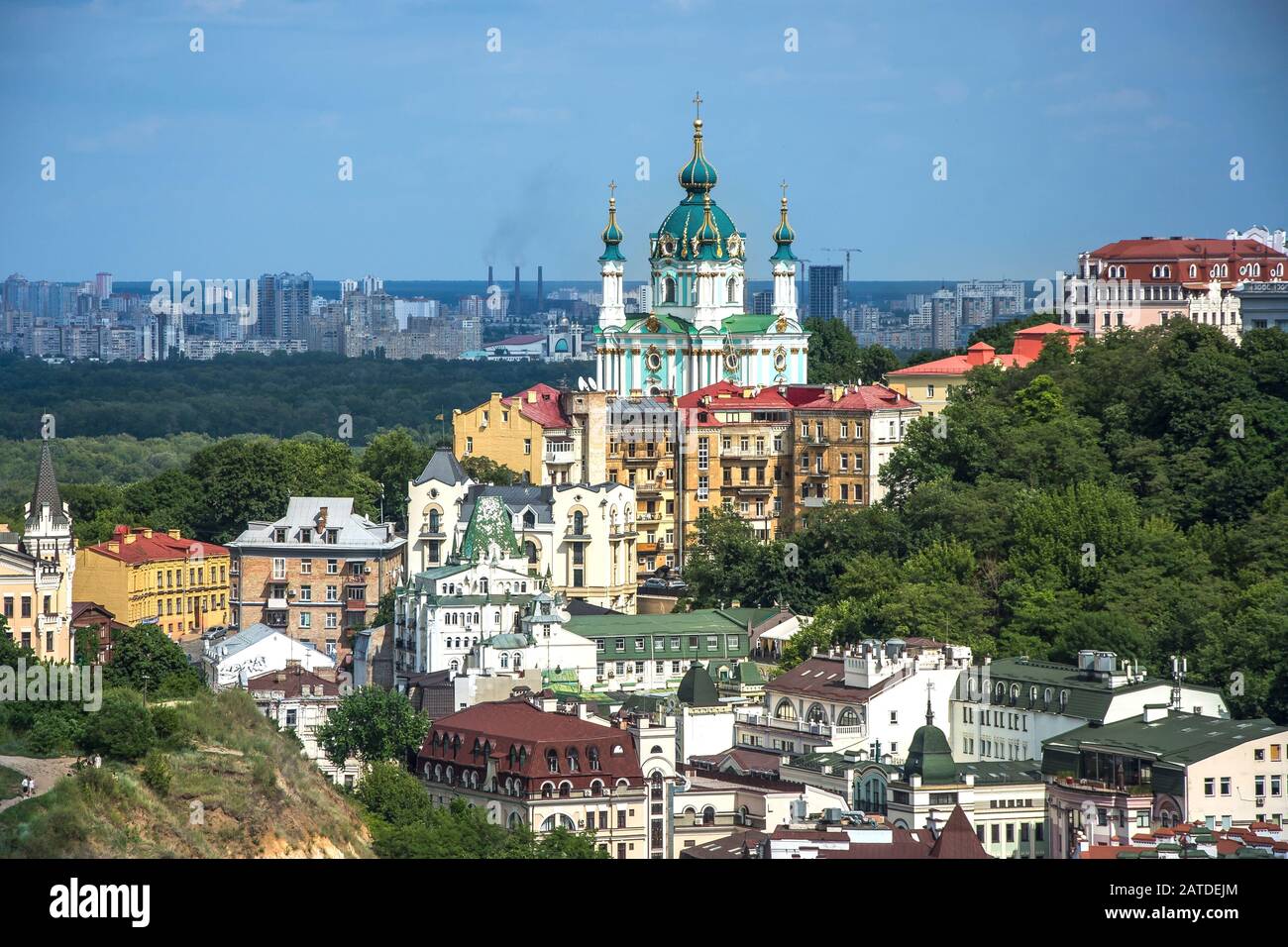 Aerial top view of Saint Andrew's church and Andreevska street from ...