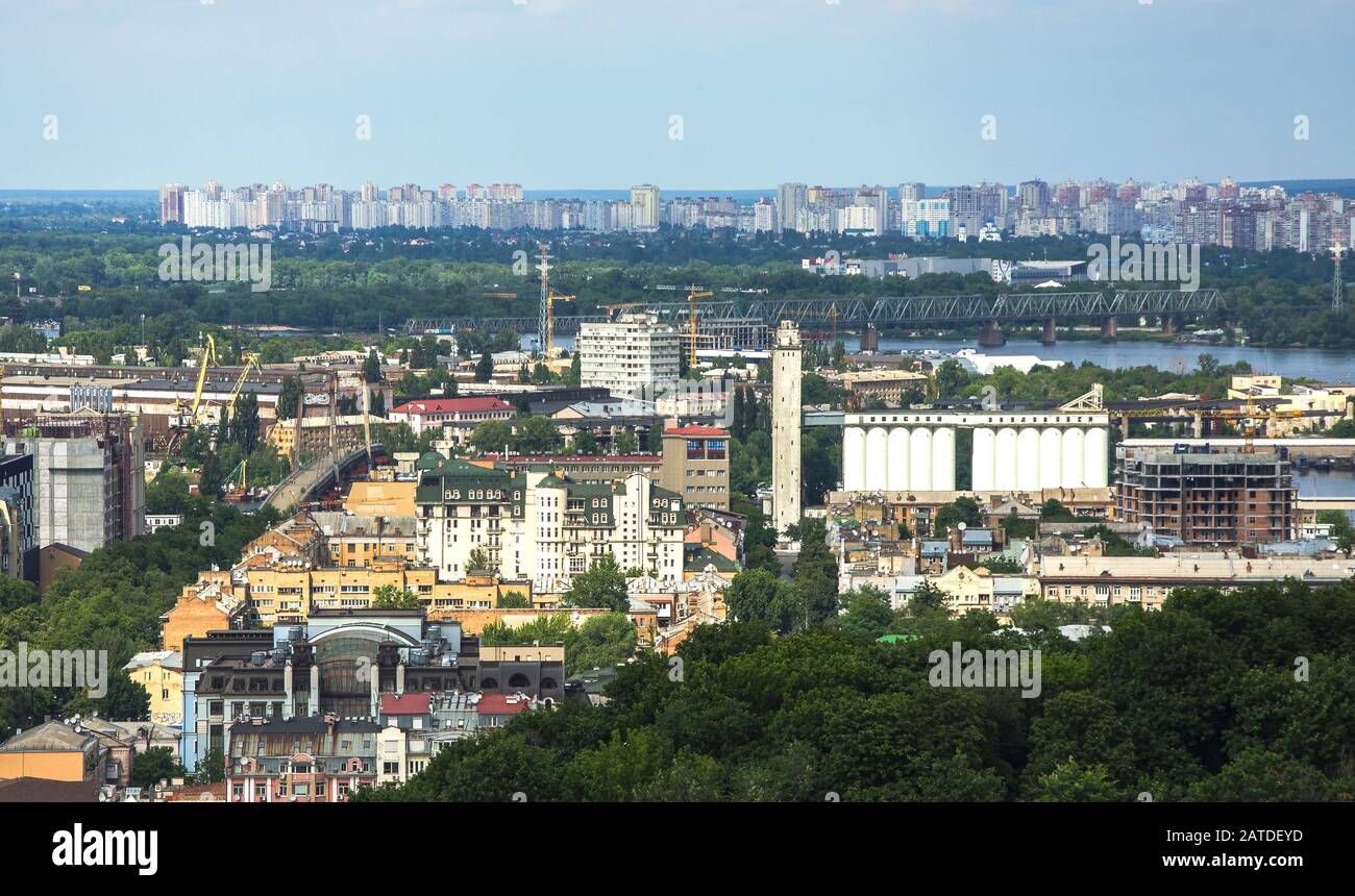 Old Podil district of Kiev, Ukraine, Industrial and river port in Kiev ...