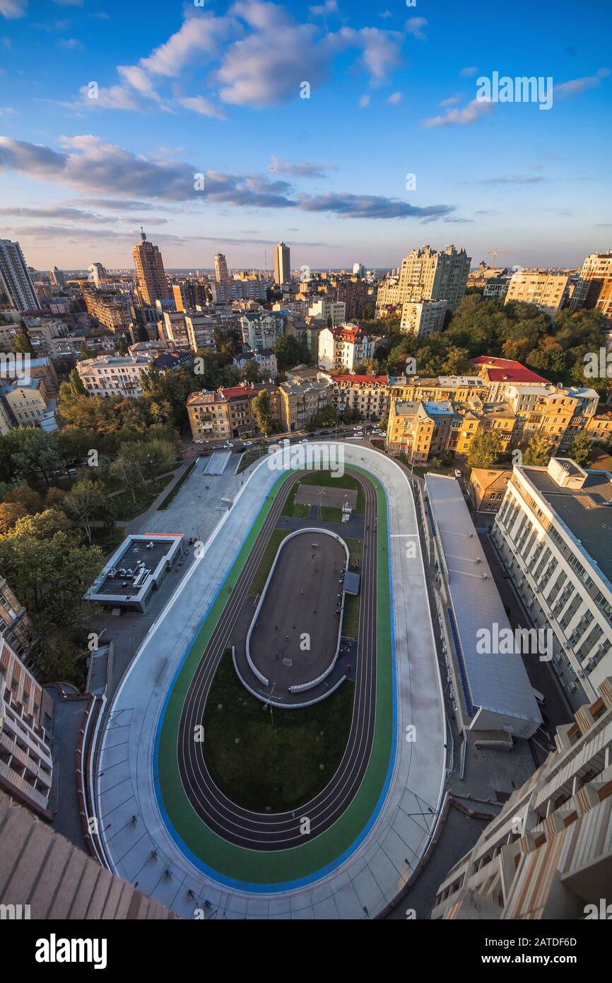 Summer evening in Kiev, cycle track, aerial view. Vertical panorama ...