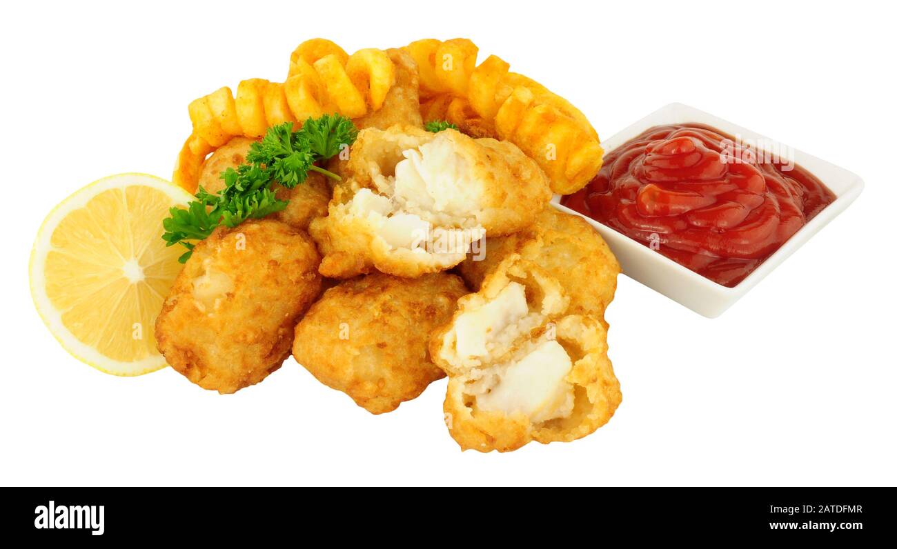 Cod fish nugget bites with curly fries and tomato sauce isolated on a ...