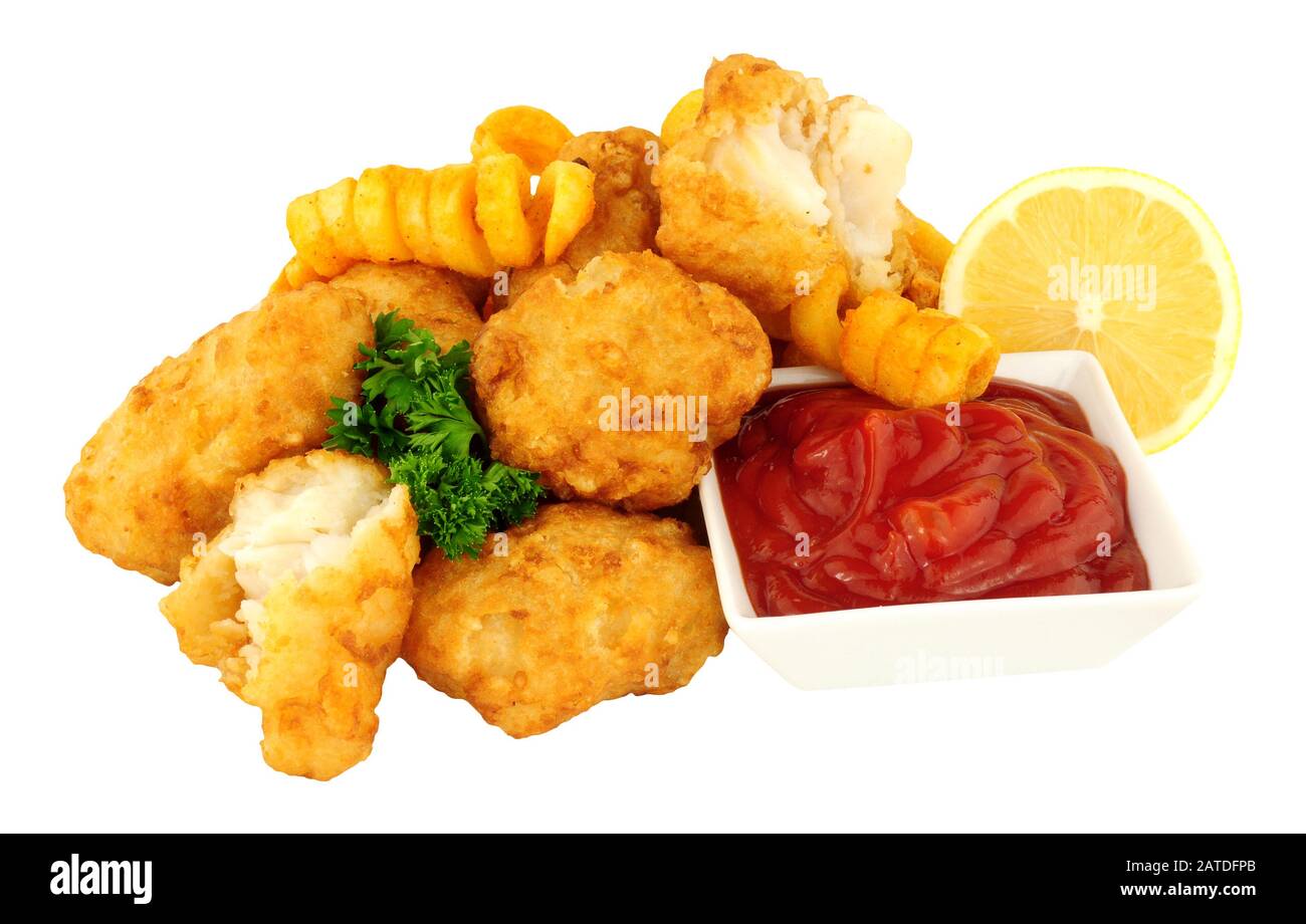 Cod fish nugget bites with curly fries and tomato sauce isolated on a ...