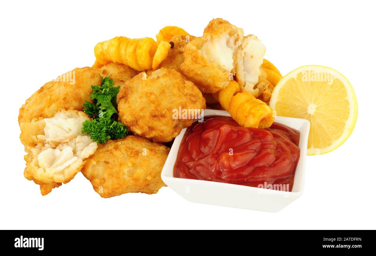 Cod fish nugget bites with curly fries and tomato sauce isolated on a ...