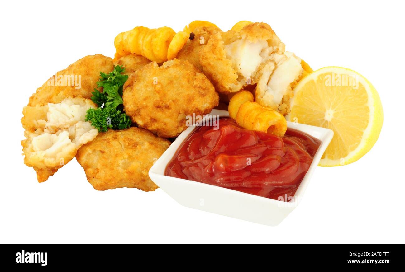 Cod fish nugget bites with curly fries and tomato sauce isolated on a ...