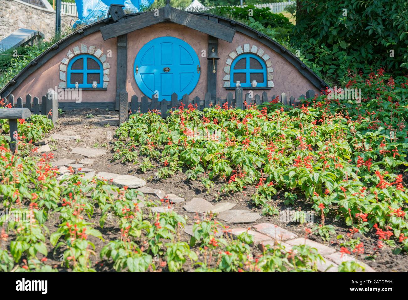Kiev, Ukraine. Juny 20 2019 The little hobbit house. Themed flowerbed ...