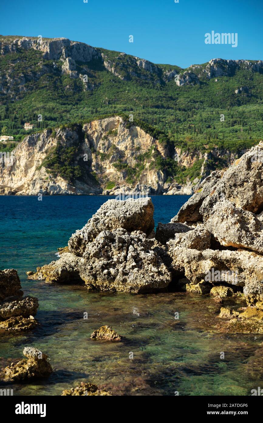 Rocks on the coast of the Greek island of Corfu, a small depth of field ...