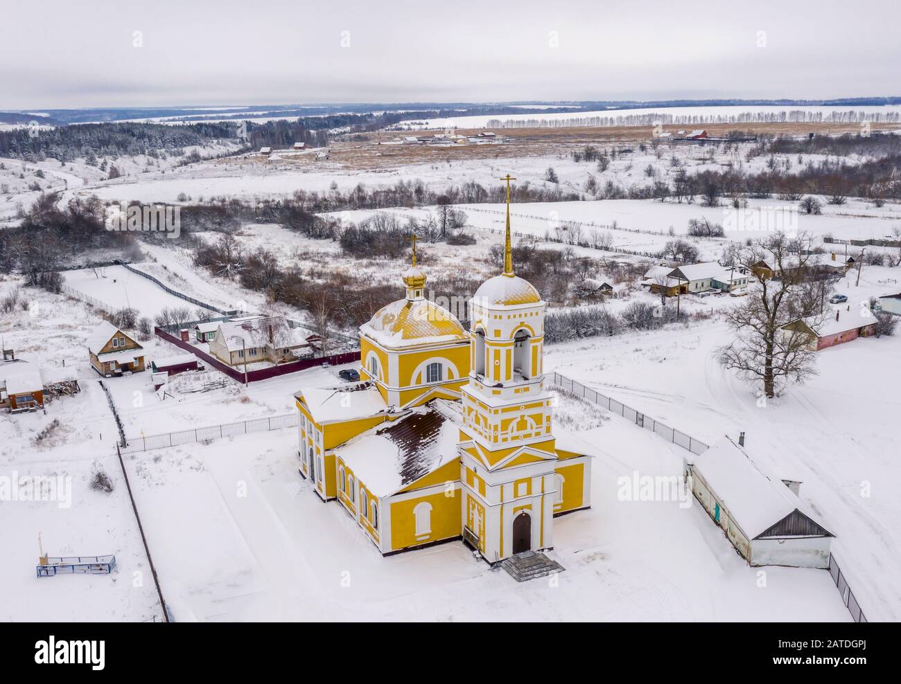Winter rural landscape in Russia, aerial photo, top view of the village ...