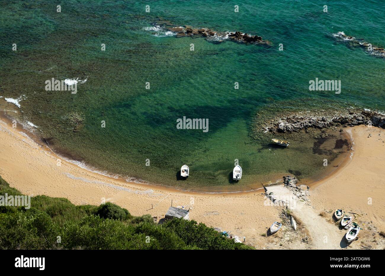 Top view of the sandy beach on the Greek island of Corfu Stock Photo ...