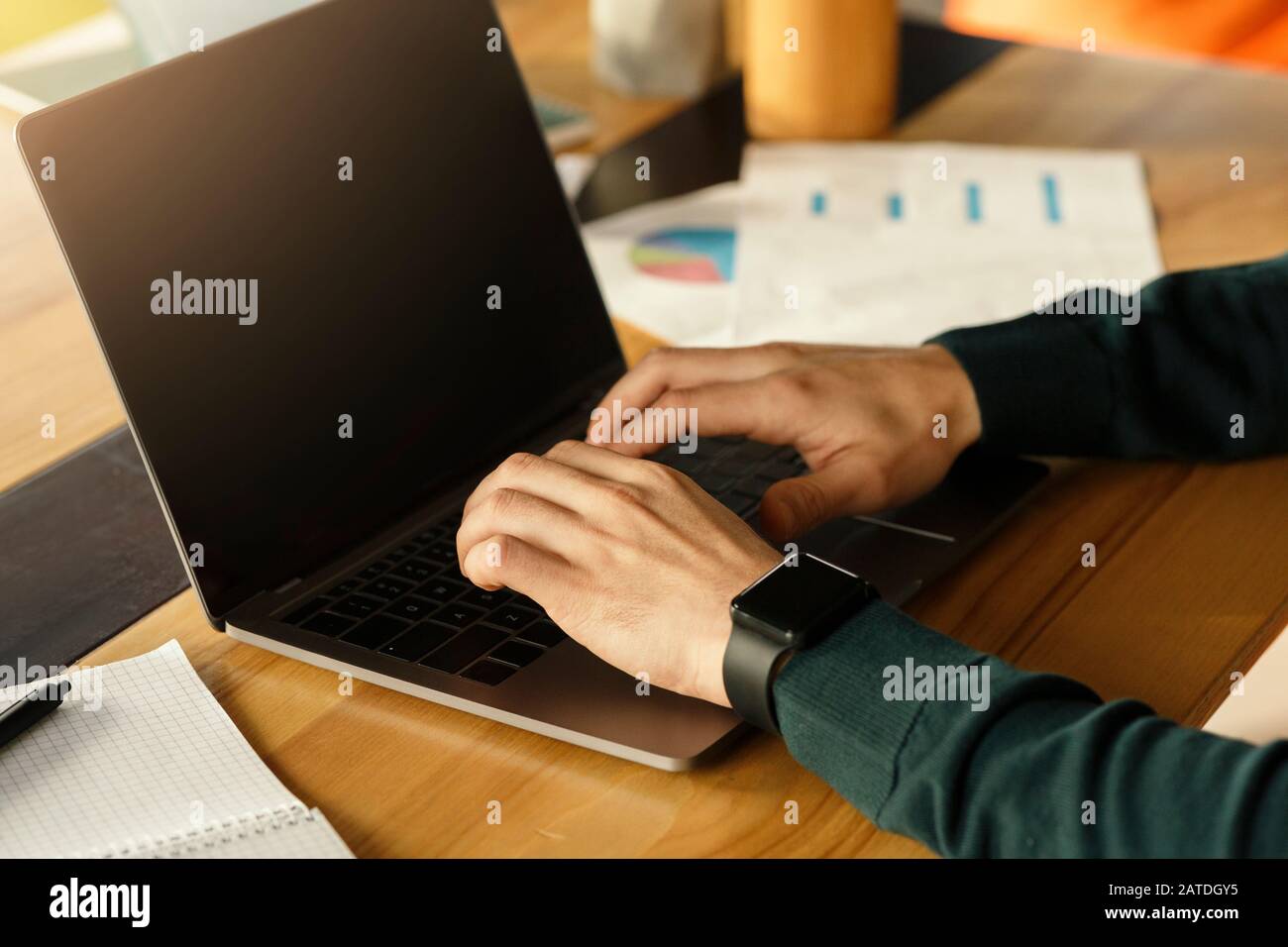 Male Hands Working On Laptop Typing At Workplace In Office Stock Photo ...