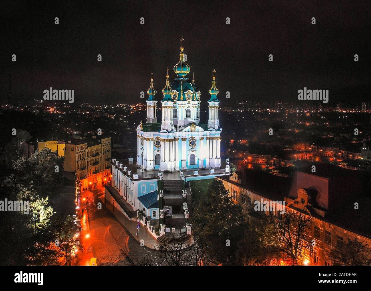 Andrew's Church at night. Kiev, Ukraine. Aerial view of Kyiv Stock Photo - Alamy