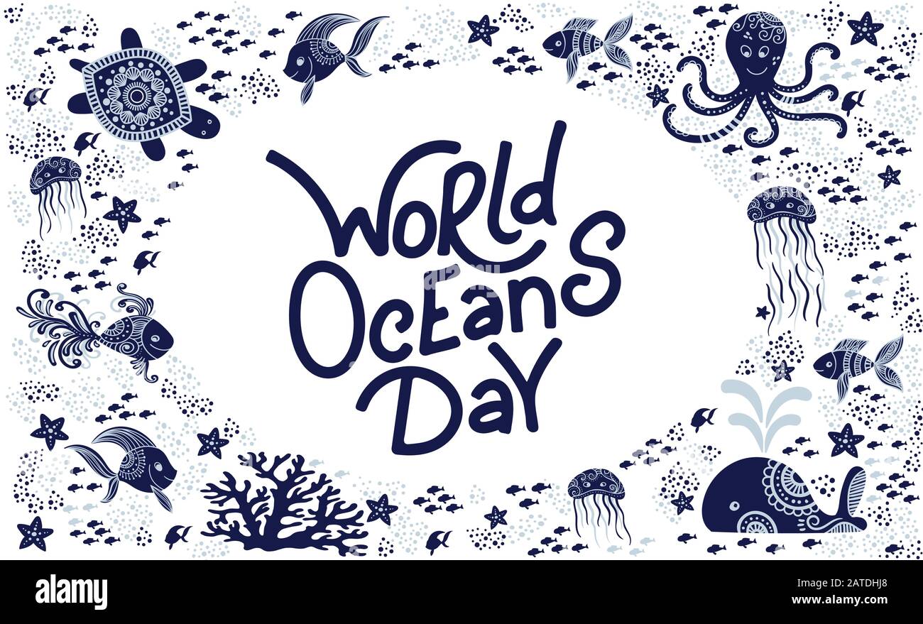 World oceans day. Sea animals. Cute jellyfish, whale, octopus, starfish ...