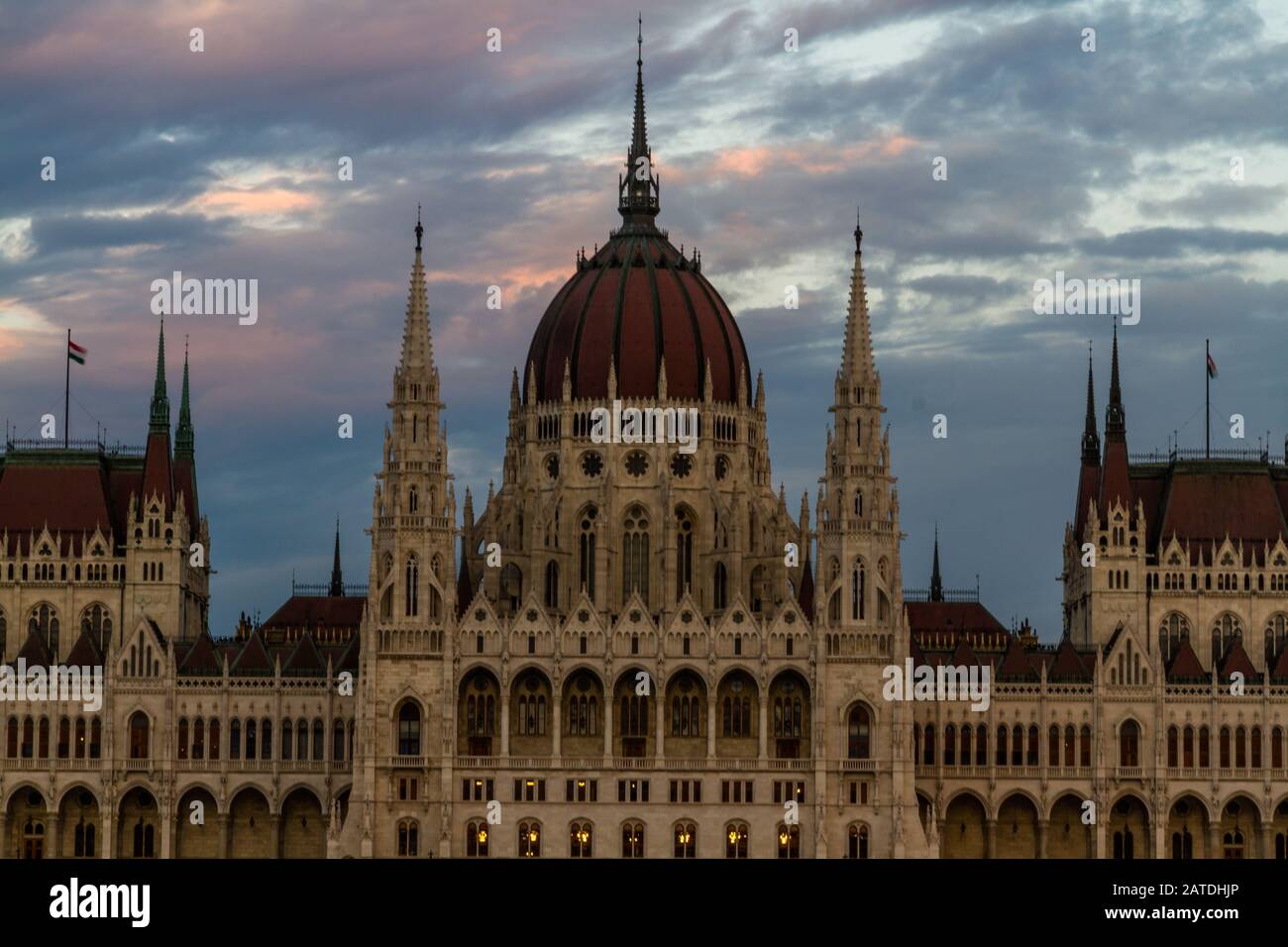 Evening light on the dome of the Hungarian Parliament Building ...