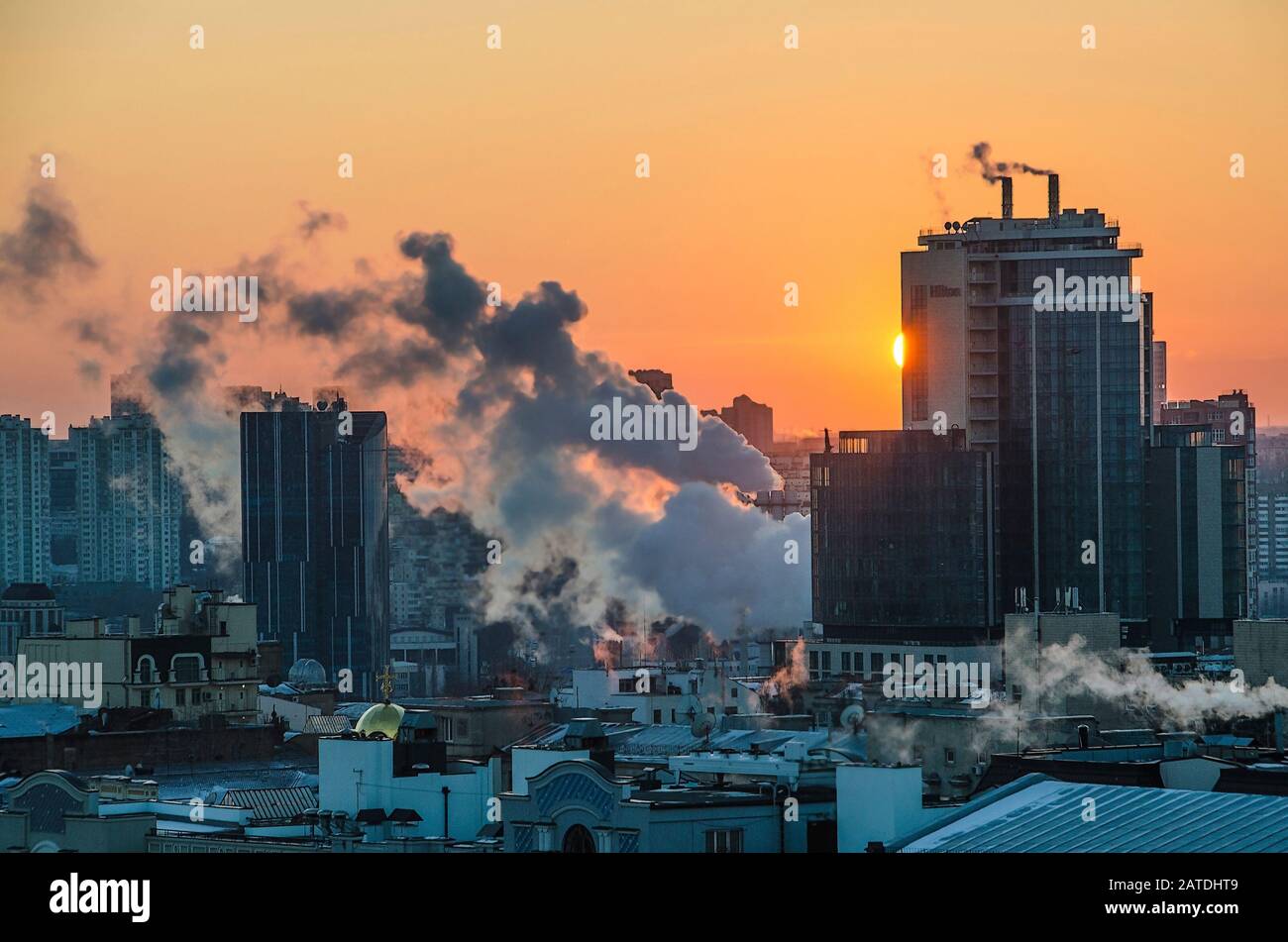 Kiev city sunset view with smoke, Kiev, Ukraine Stock Photo - Alamy
