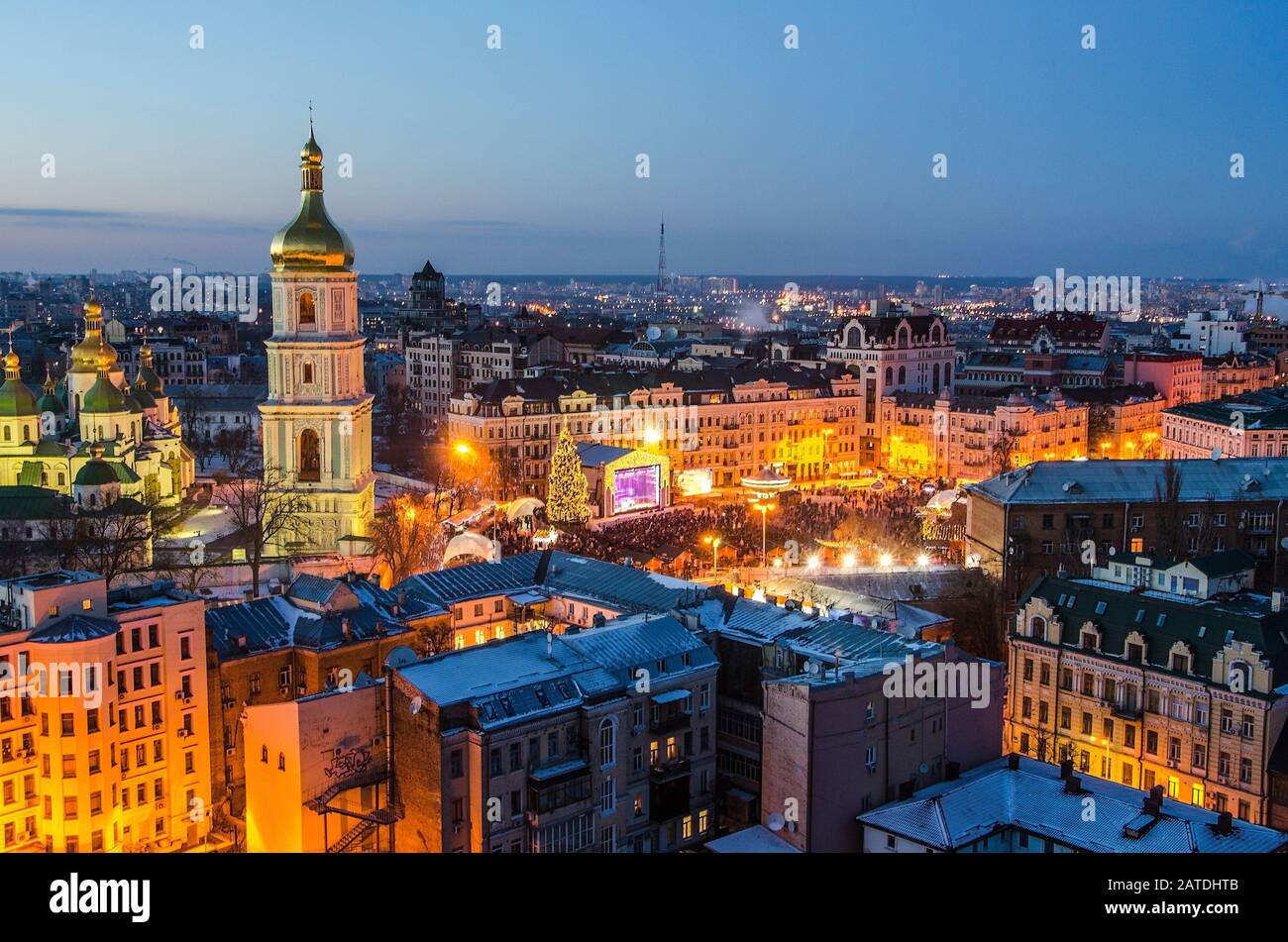 Christmas market in Kyiv, Ukraine. Aerial night view to Sofia and ...