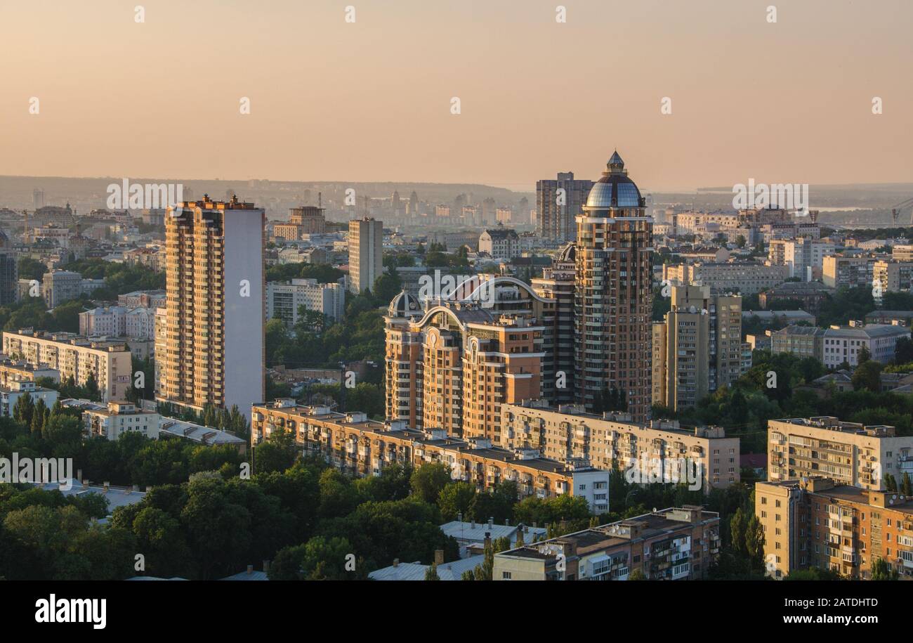 Sunset city panorama in Kiev, Ukraine. Aireal view from the top of ...