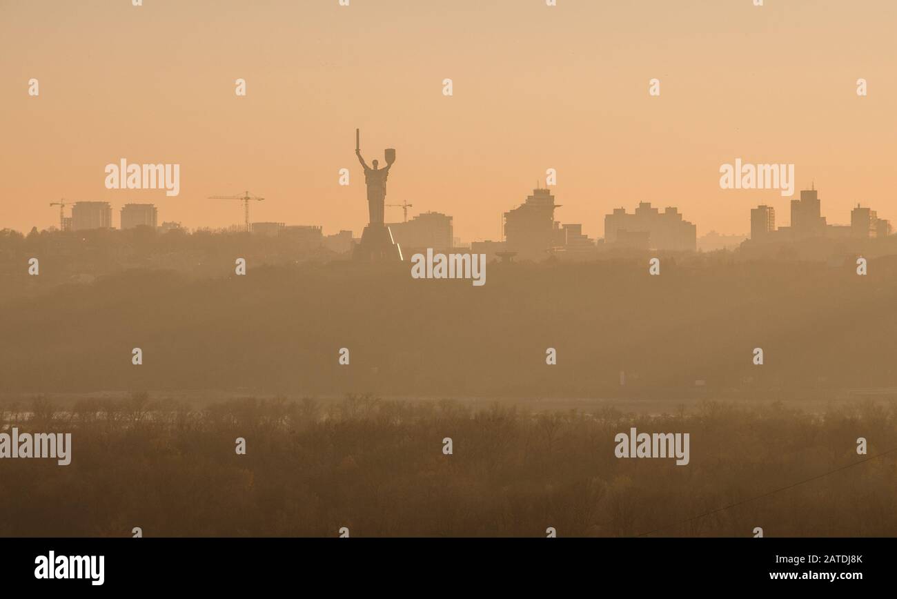 Sunset landmark city center in Kiev, Ukraine. Aireal view of Kiev ...