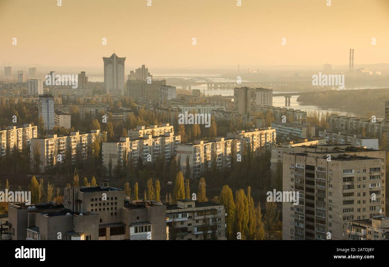 Sunset landmark city center in Kiev, Ukraine. Aireal view of Kiev ...