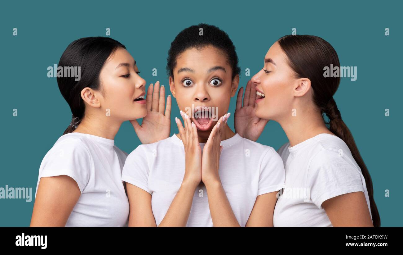 Three Mixed Ladies Gossiping Standing On Turquoise Background, Panorama ...