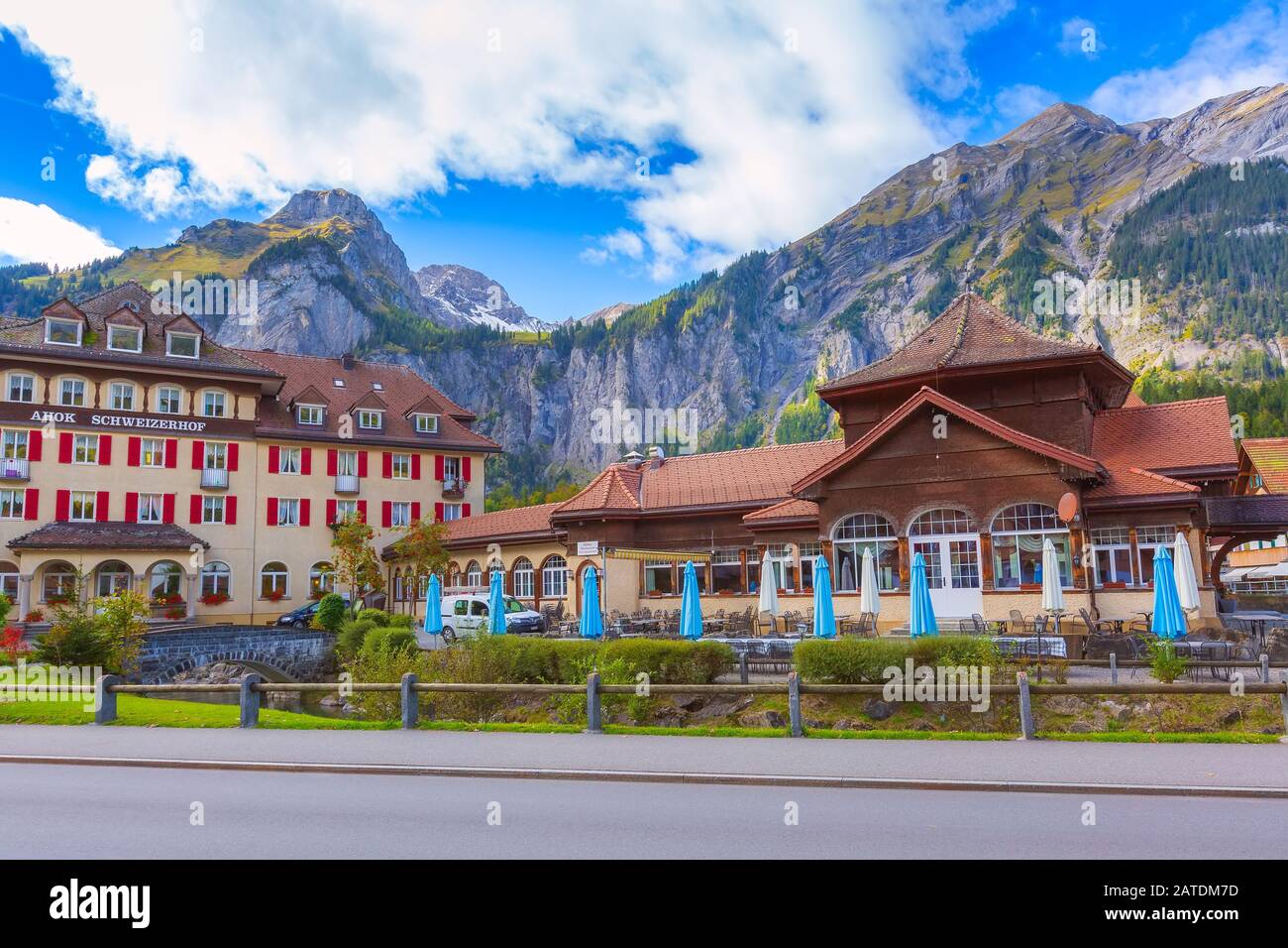 Kandersteg, Switzerland - October 17, 2019: Street view with colorful ...