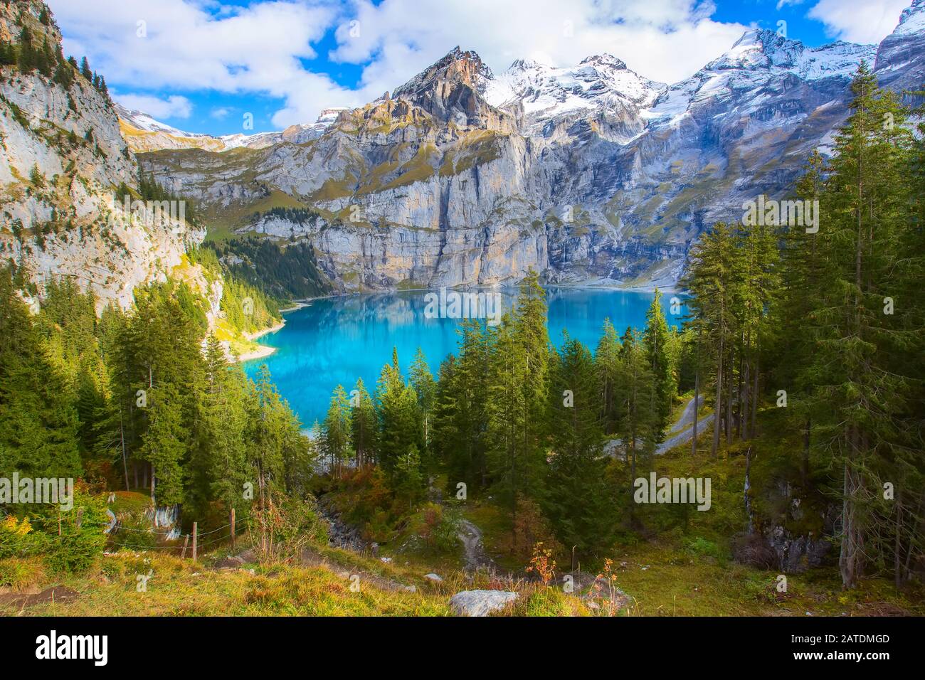 Autumn panorama of Oeschinensee or Oeschinen lake and Swiss Alps near ...