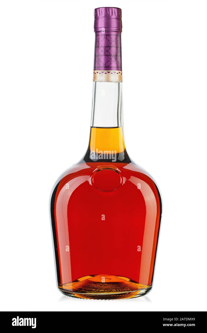 Full bottle of cognac isolated on white background. Full depth of field ...