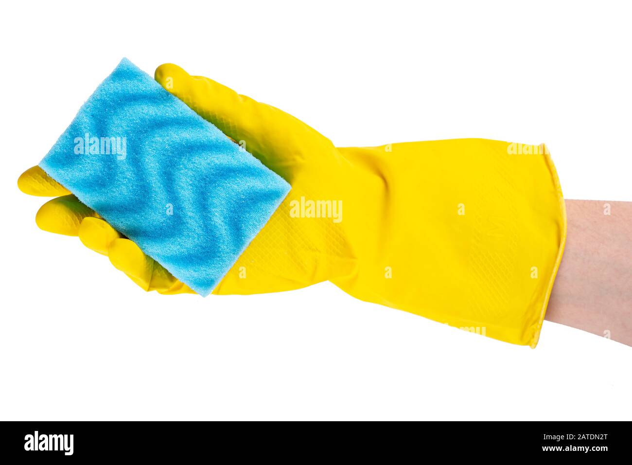 hand in a yellow household glove with a washcloth. isolated on a white ...