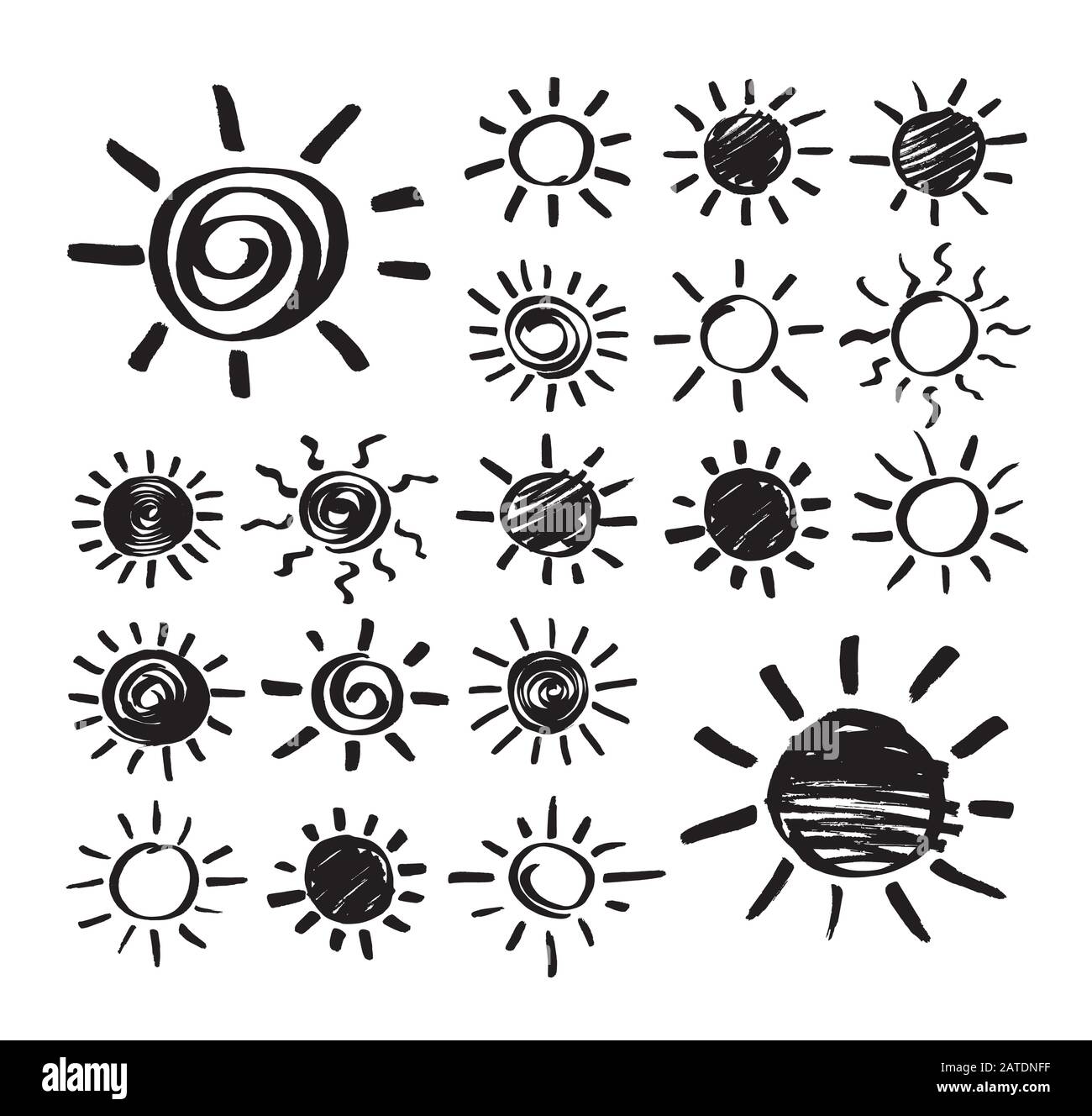Set of vector sun symbols hand drawn by black marker. Felt pen scribble ...