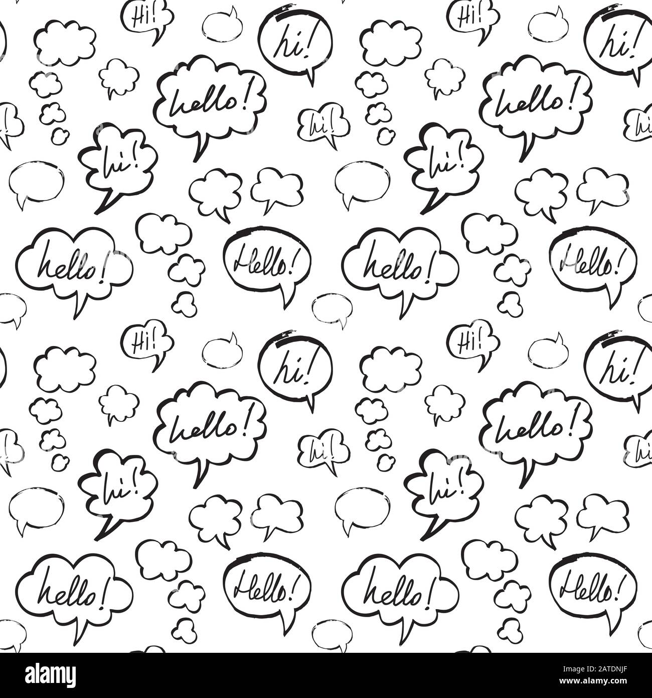Hello and Hi phrases inside speech bubbles. Seamless pattern in black ...
