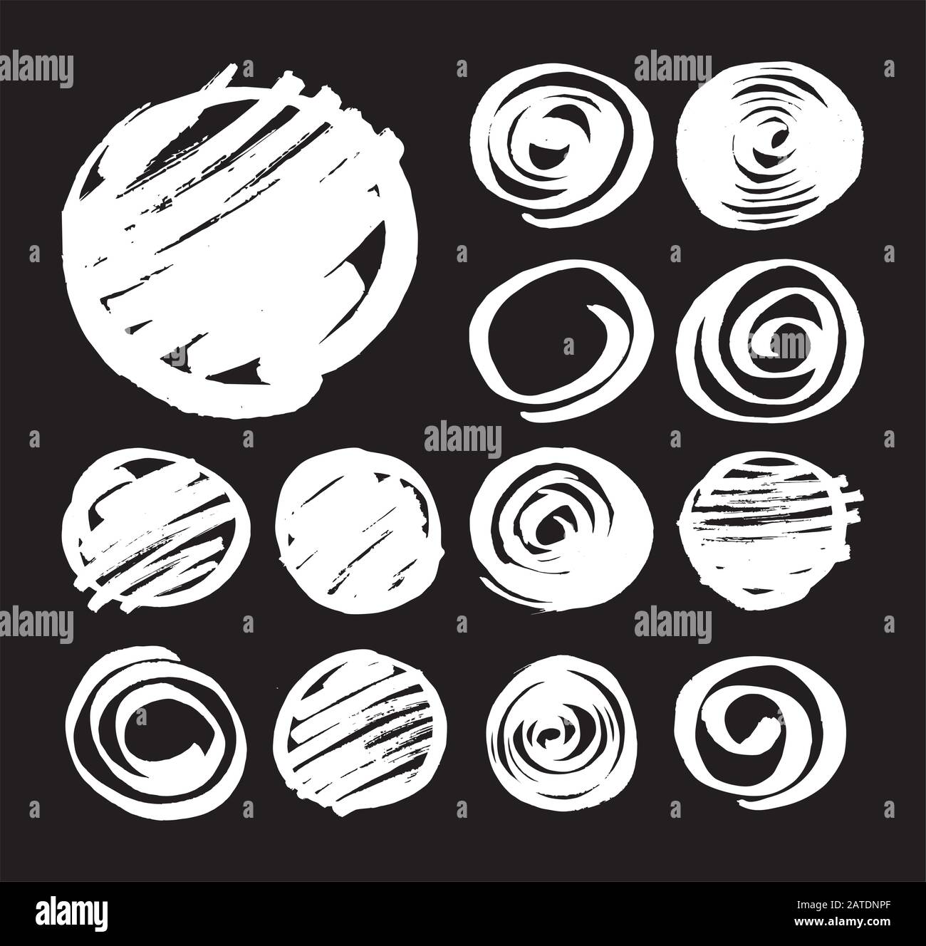 Set of shaded circles and spirals hand drawn by felt pen. White marker ...