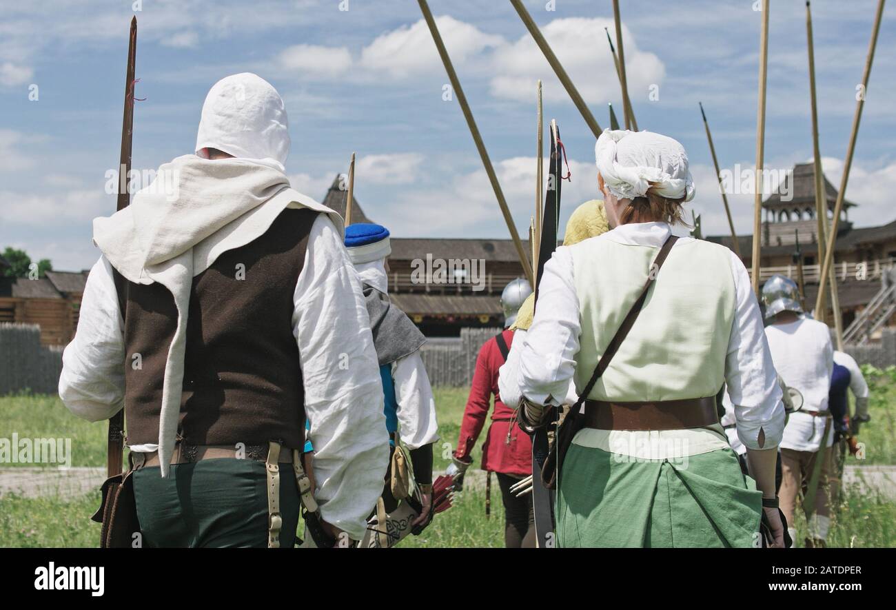 Military campaign of knights. Knights are with a spears and helmets on ...