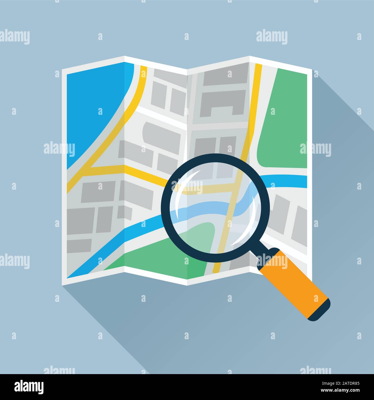 Magnifying glass over navigational map flat icon. Magnifier with handle ...
