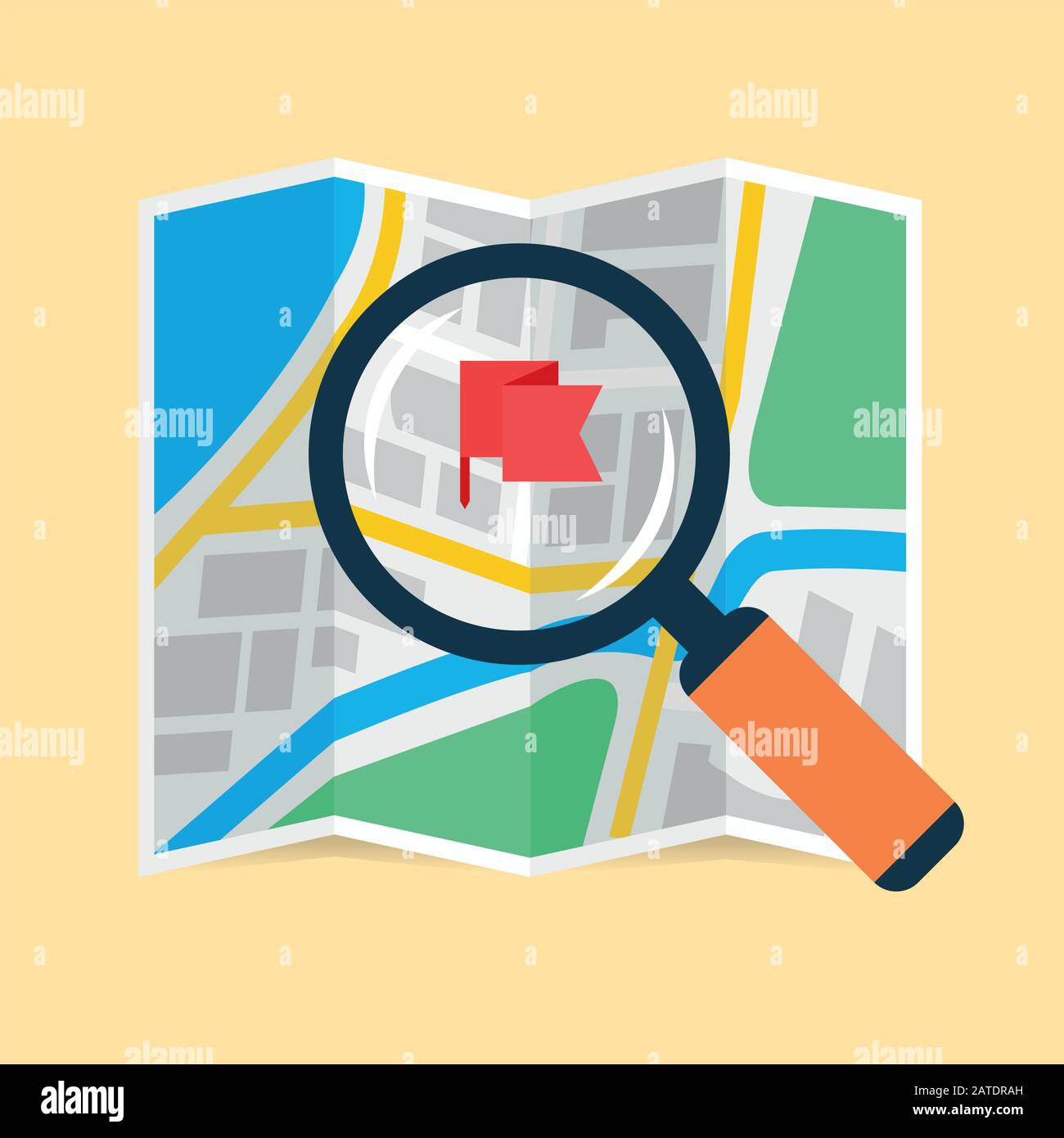 Magnifier over navigational map flat icon. Magnifying glass with handle ...