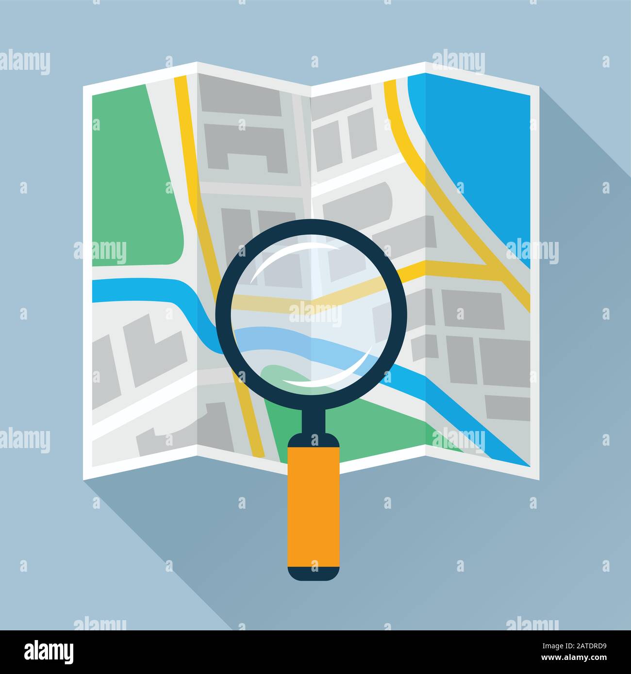 Magnifying glass over navigational map flat icon. Magnifier with handle ...