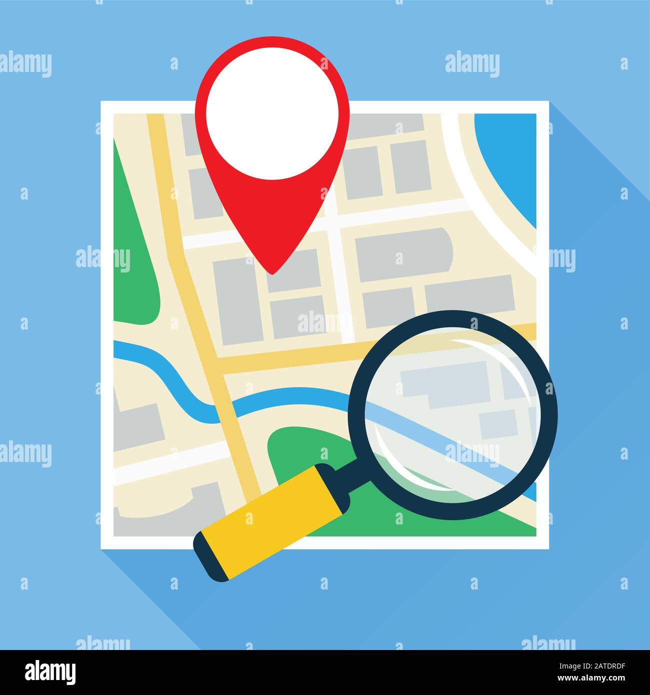 Magnifier over navigational map flat icon. Magnifying glass with handle ...