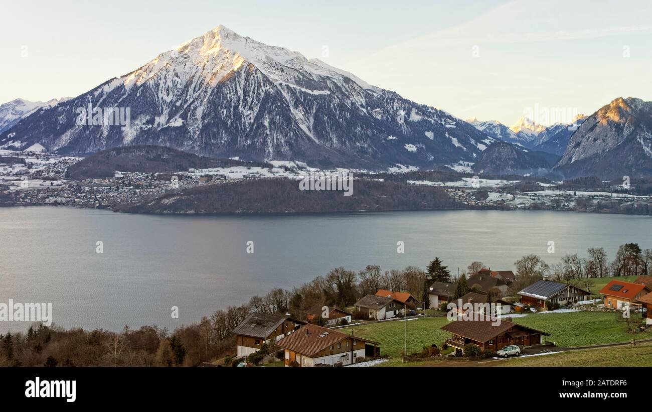 Winter in Switzerland's Alps mountains near the Thun lake Stock Photo ...