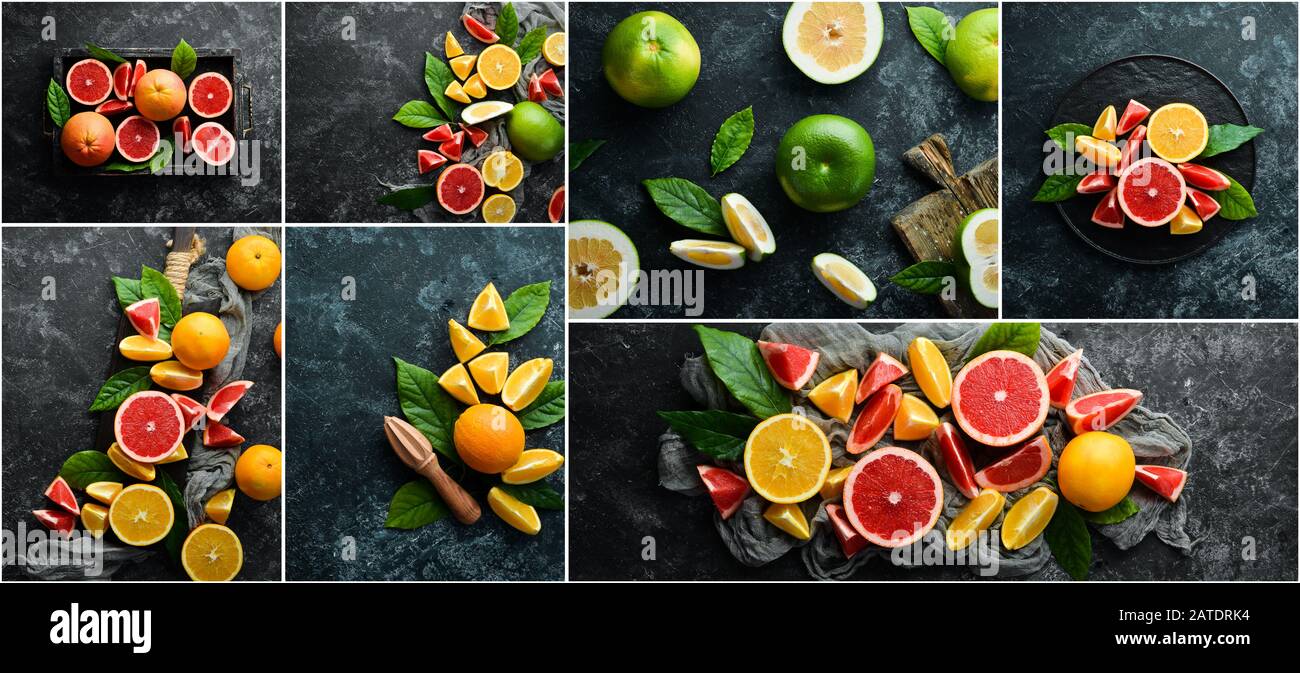 Fresh citrus fruits. Photo collage. Banner Stock Photo - Alamy