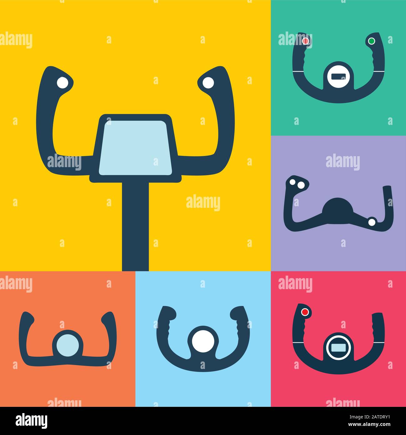 Set of aircraft control wheel flat style icons isolated on one-color ...