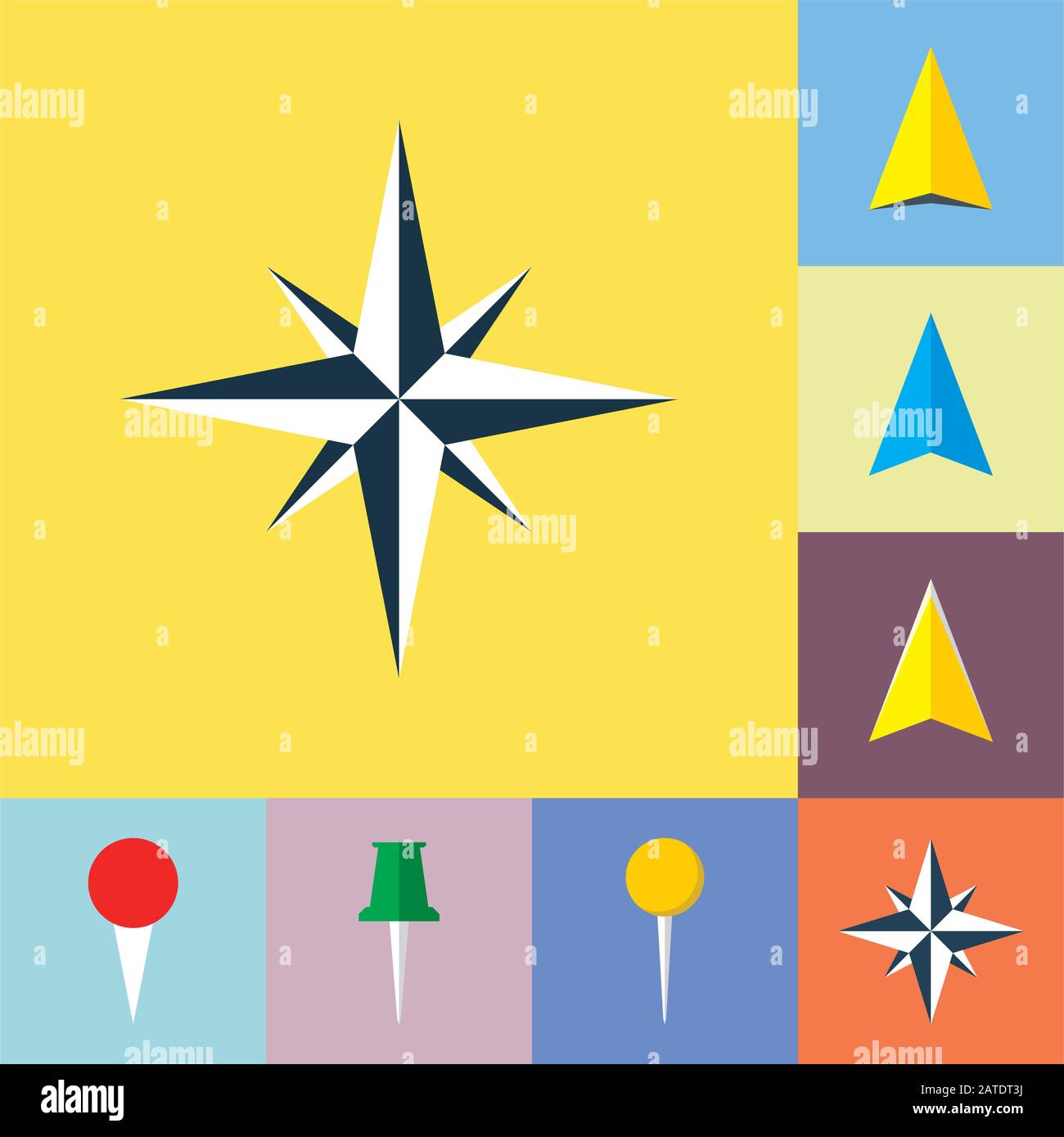Set of navigational flat icons. Wind rose, navigation pointer, arrow ...