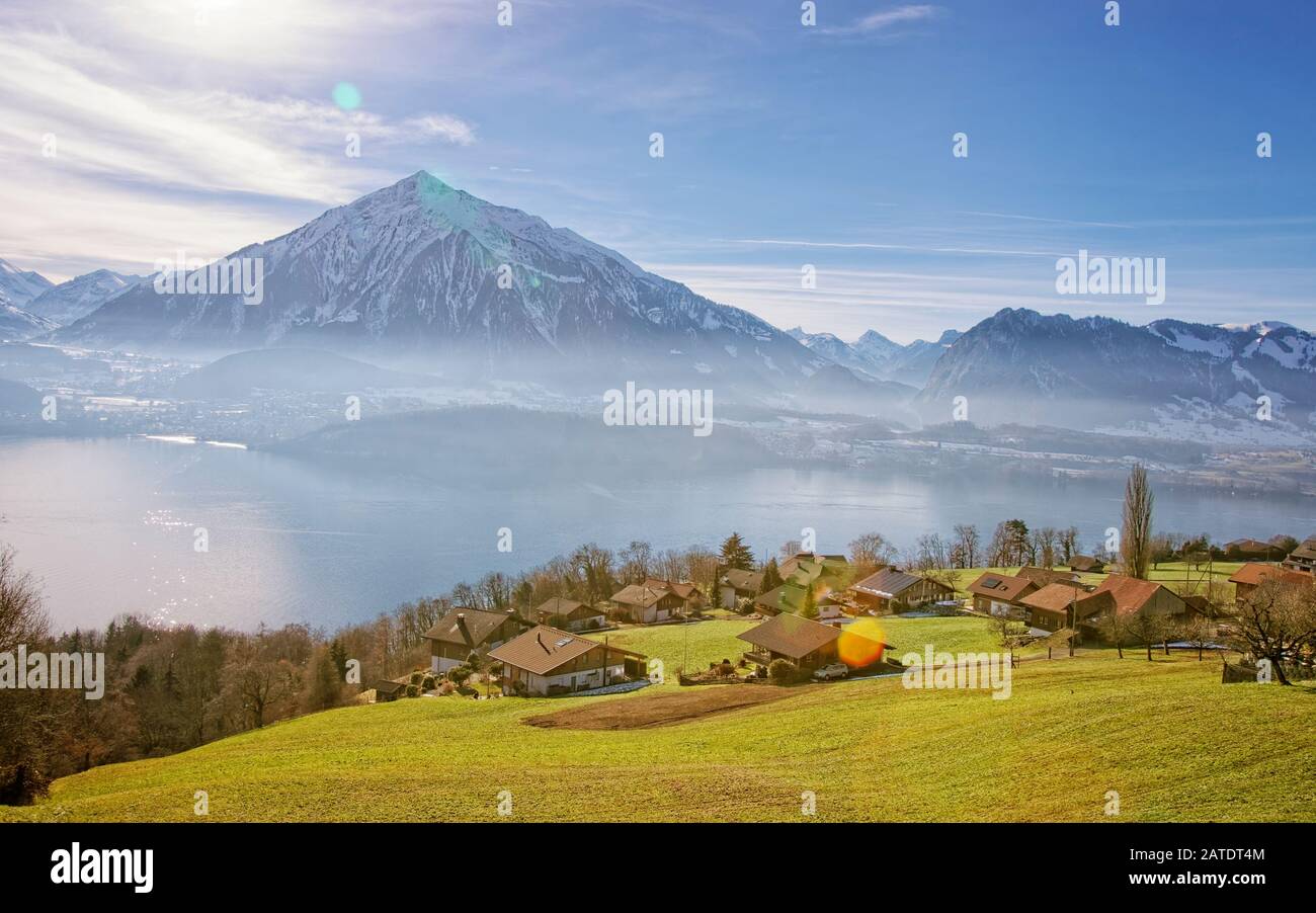 Lake view panorama in Thun in winter Stock Photo - Alamy