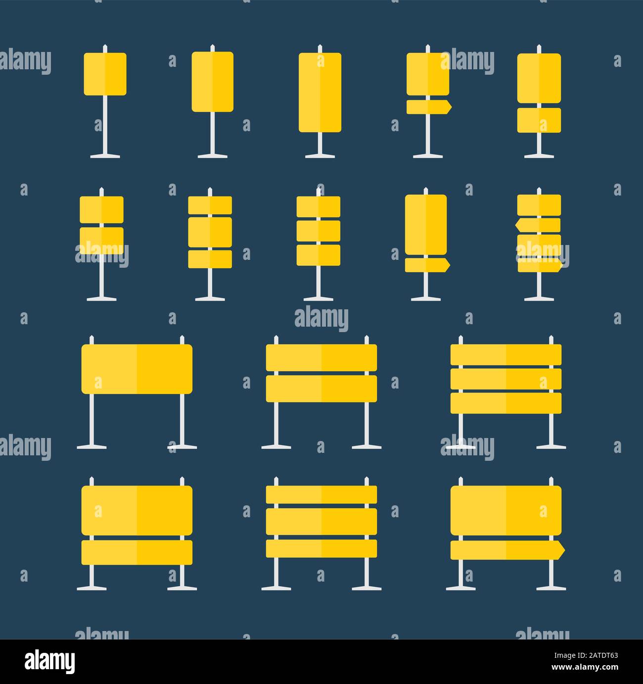 Set of 16 road boards and pointers flat icons. Yellow signpost on ...