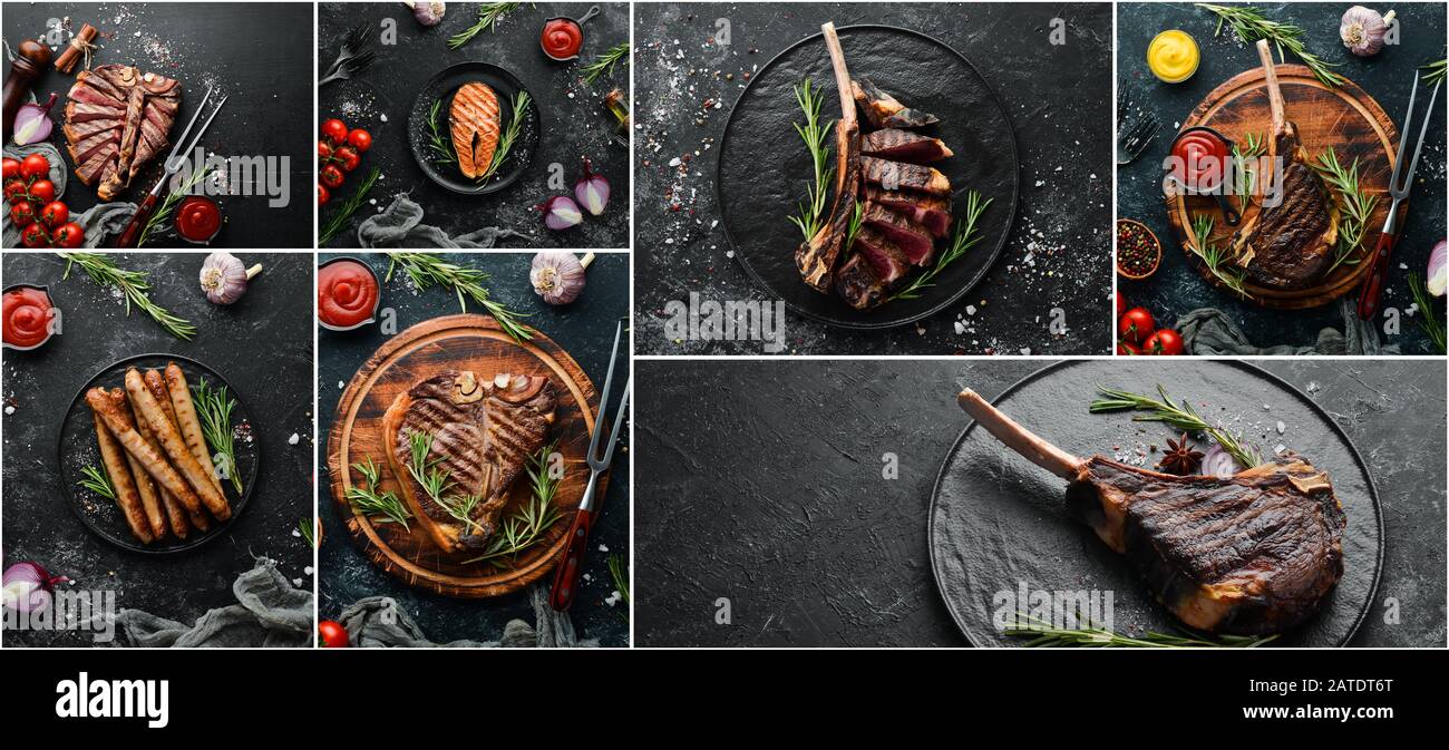 Photo banner. Photo collage, barbecue, grilled steaks and meat. On a ...