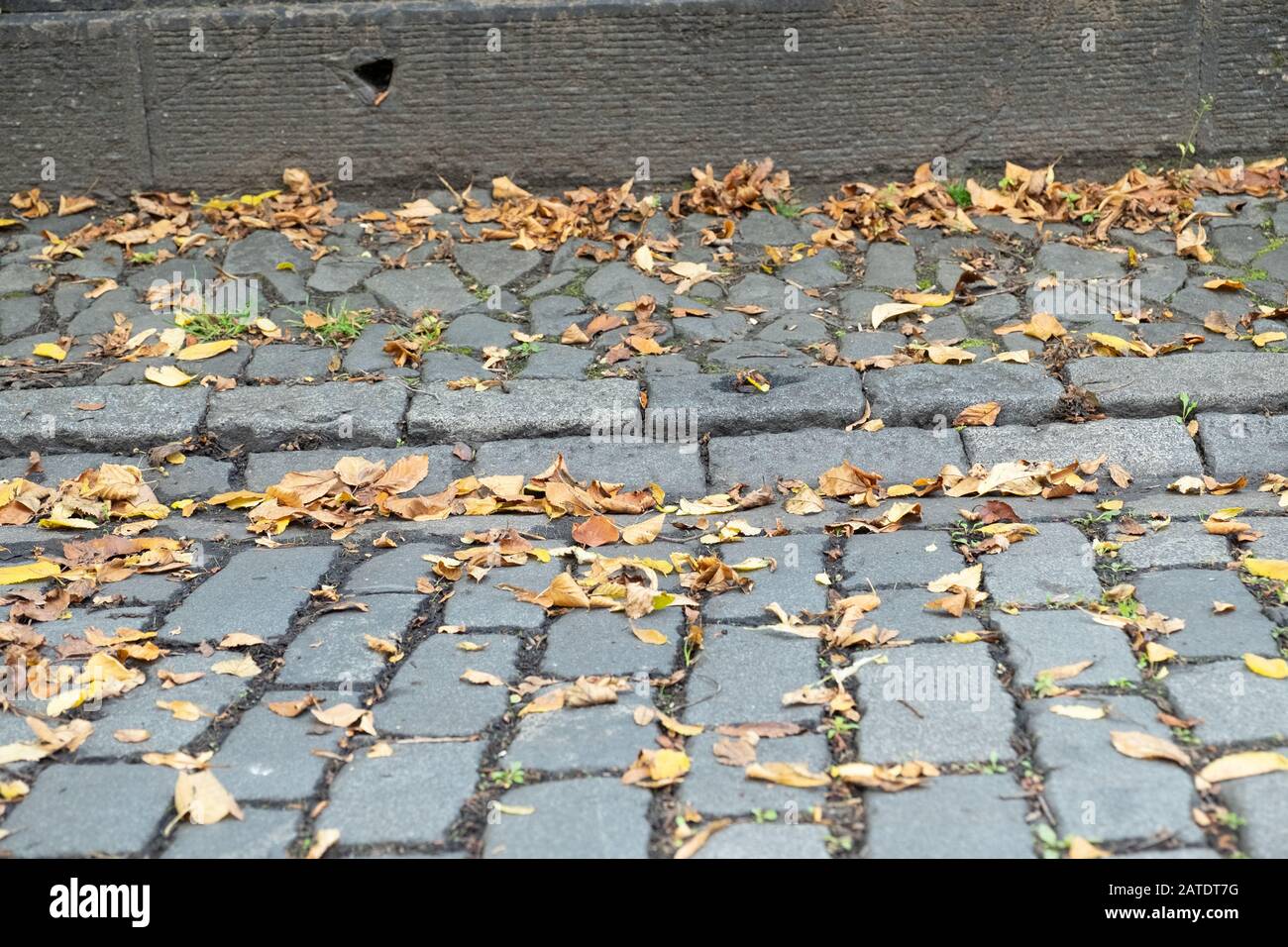 Close-up of gutter, curb and pavement at side of old cobbled city road ...