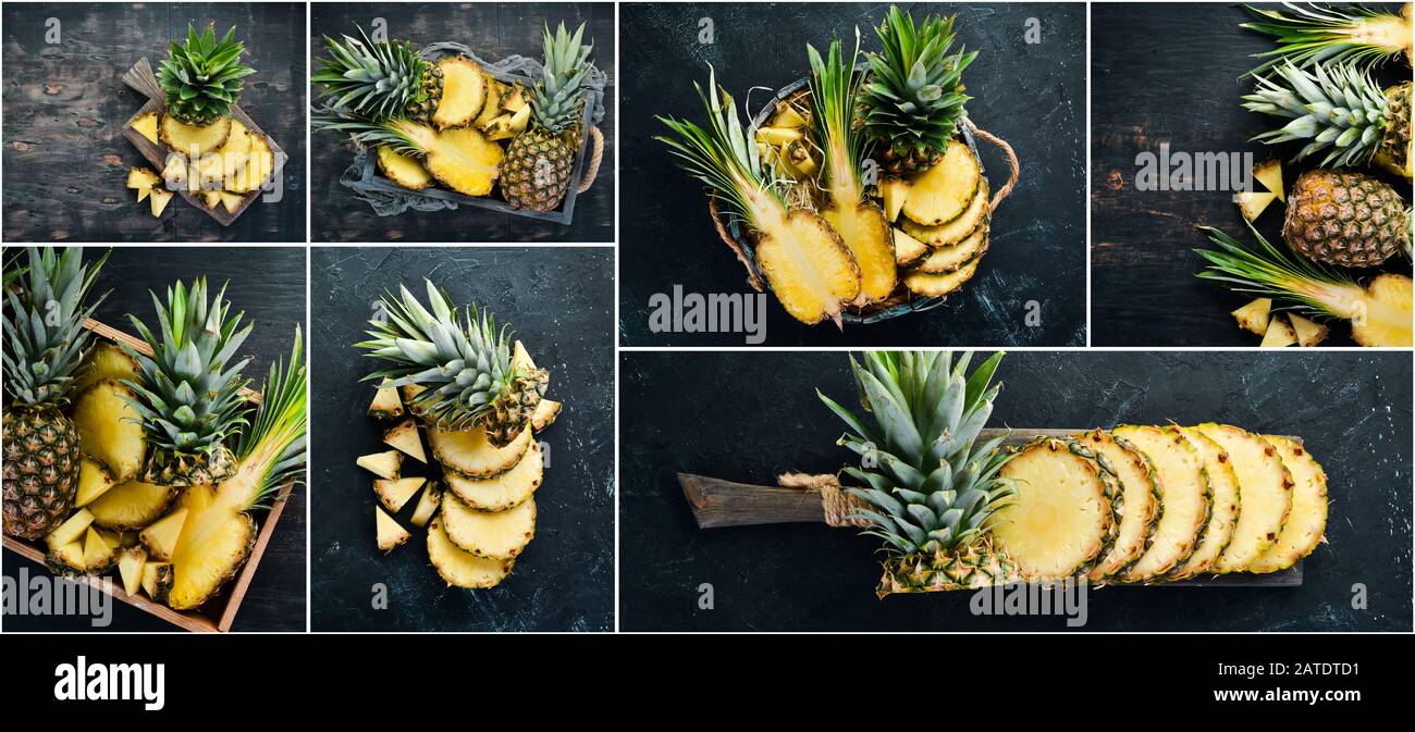 Photo collage Pineapple. Tropical Fruits. On a black background Stock ...