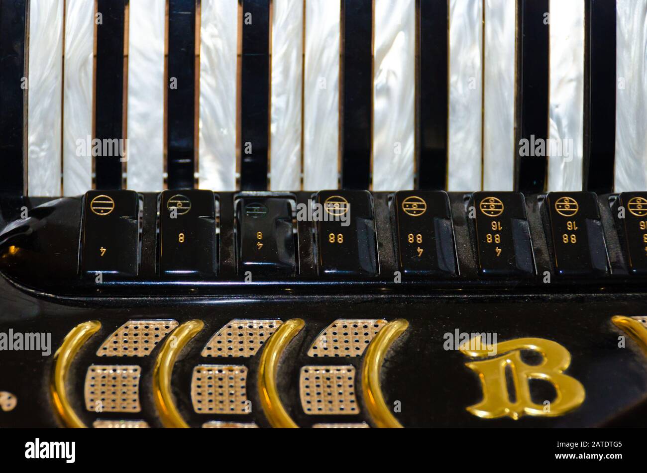 Details of an accordion, a musical instrument for harmonies and folk ...