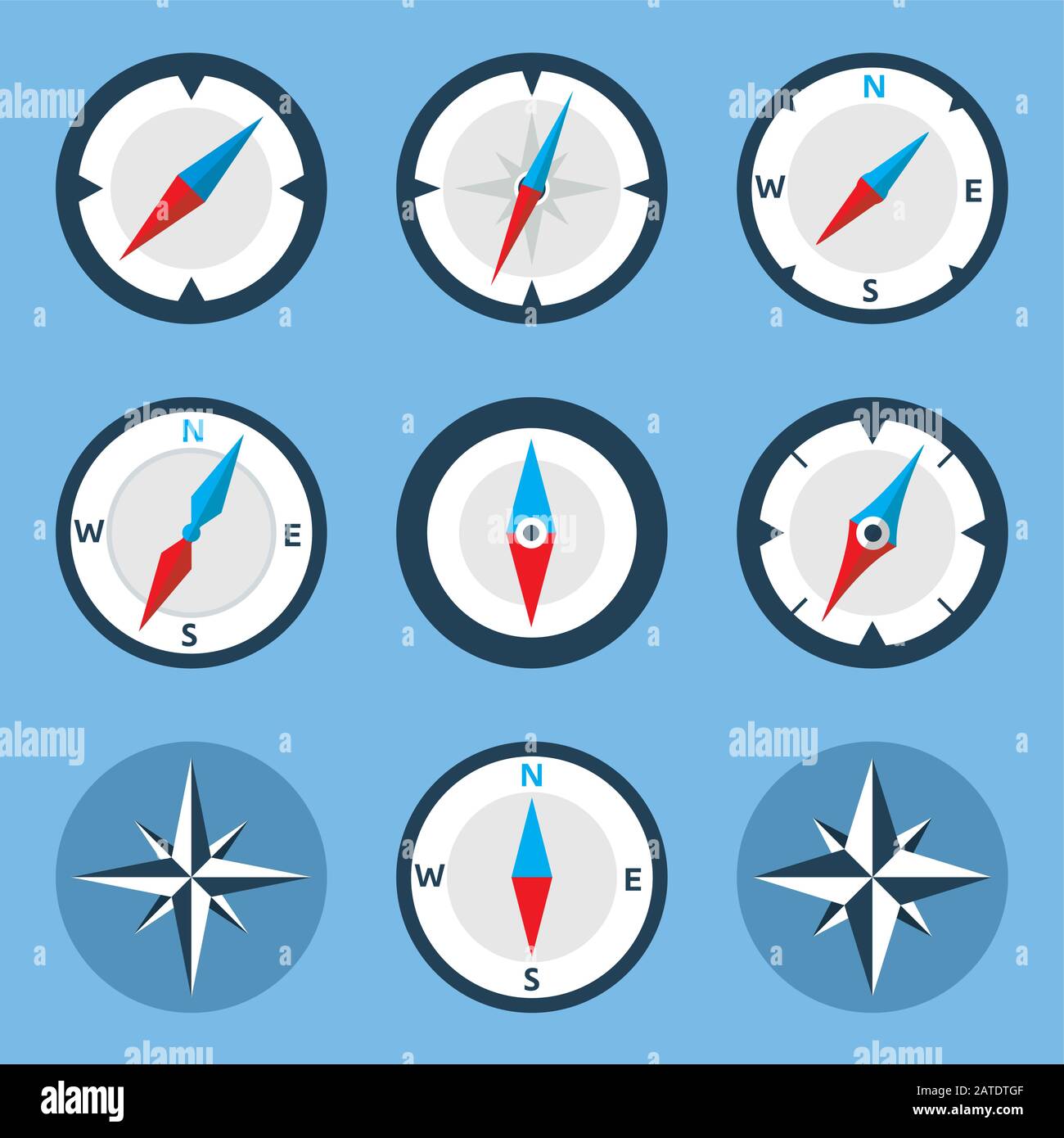Compass flat icons set. Vector icons of a navigational compass in flat ...