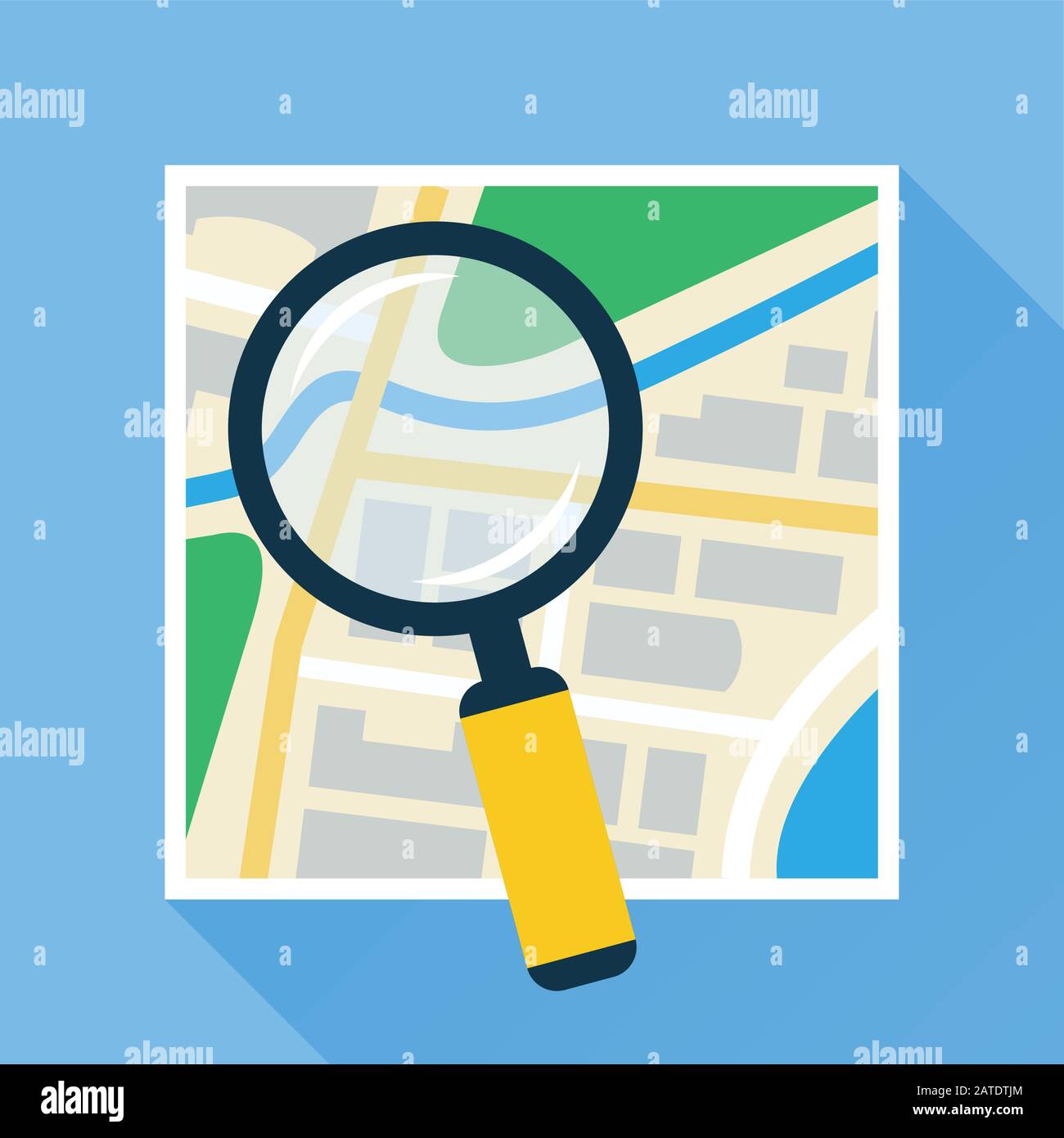Magnifying glass over navigational map flat icon. Magnifier with handle ...