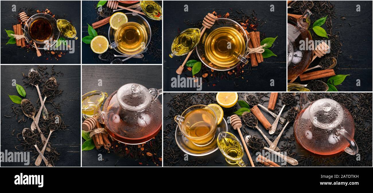 Photo collage Tea and tea leaves. Top view Stock Photo - Alamy